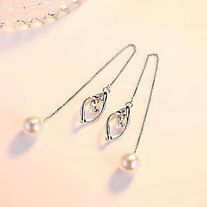 Elegant 925 Sterling Silver Threader Tassel Earrings Pearl Ball Drop Long Chain Earrings Wedding for Women and Girls