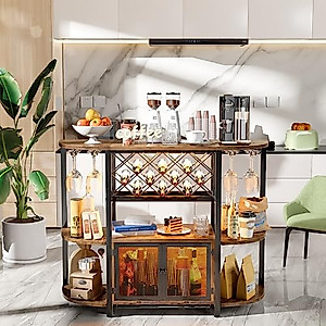 Unikito Freestanding Wine Bar Cabinet with LED Lights and Power Outlets, Industrial Coffee for Liquor Glasses, Mesh Door, Table Rack, Rustic Brown