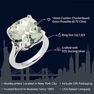 Gem Stone King 925 Sterling Silver Green Prasiolite Engagement Ring For Women (9.72 Cttw, 14MM Cushion Checkerboard, Size 7)