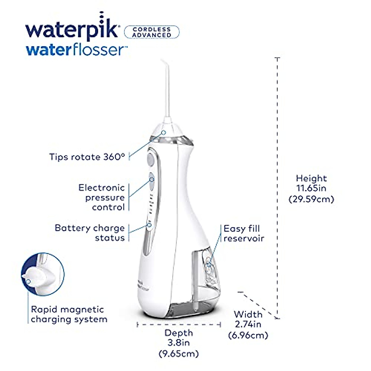 Waterpik Cordless Advanced Water Flosser For Teeth, Gums, Braces, Dental Care With Travel Bag and 4 Tips, ADA Accepted, Rechargeable, Portable, and Waterproof, White WP-580