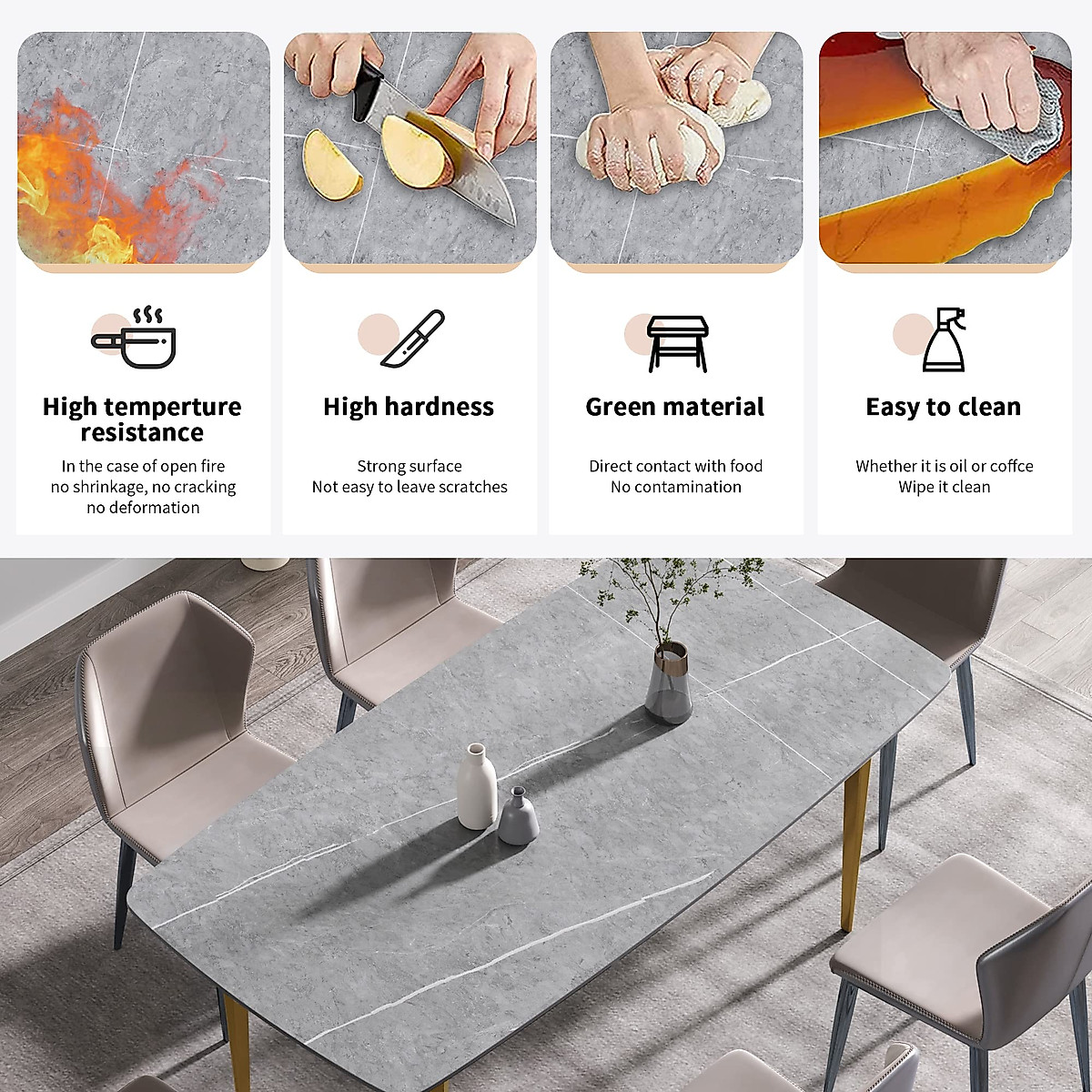 Voohek, 6-12 Kitchen Dining Table, with Artificial Marble Stone Top, Metal Leg, for Living Room, 6-8 People (No Chairs), Gray