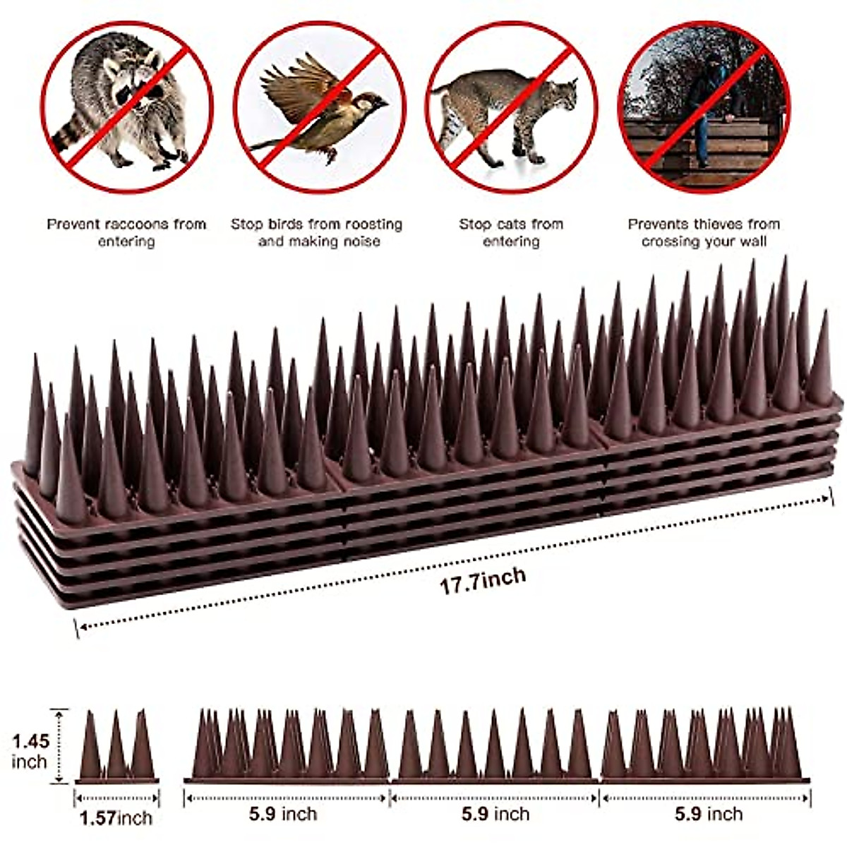 Defender Spikes, Upgraded Bird and Cat Spikes for Pigeon, Cat and Small Animals - Protect Your Sofa, Garden, Outdoor Walls, Anti Theft Climb, Plastic Security Fence Spikes - 8pack [12FT]