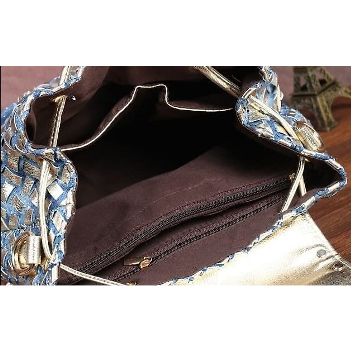 Alice Fan Denim Bag Jeans Tote Bag Fashion Women Handbag Multifunctional Backpack Shoulder Bag with Diamond and Tassel (Gold)