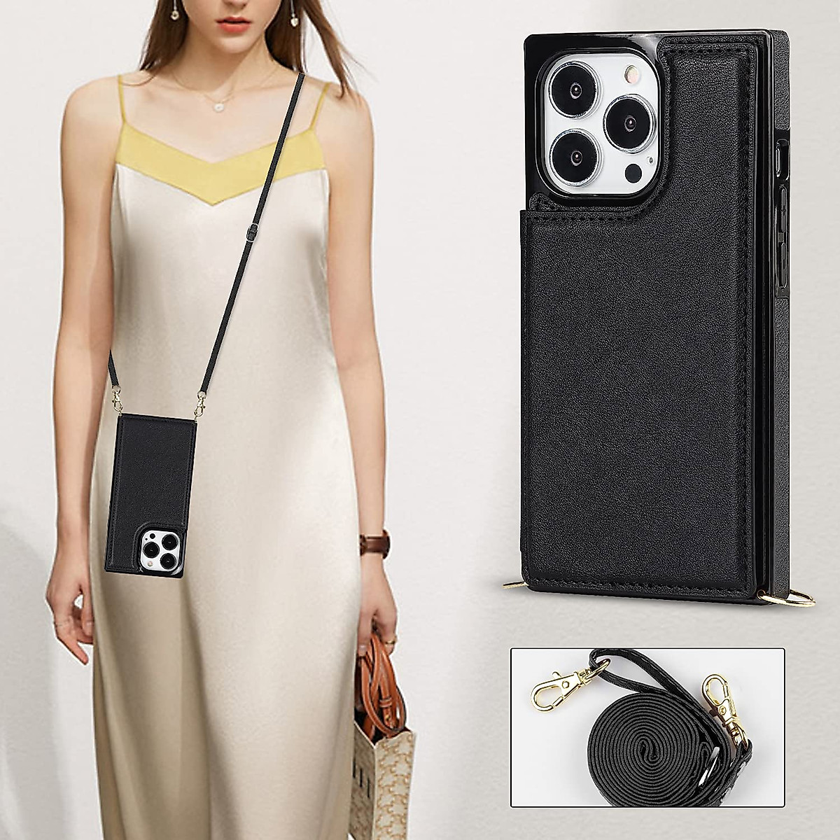 DEFBSC Compatible with iPhone 14 Pro Max Case, Crossbody Wallet Case, Adjustable Detachable Lanyard Neck Strap with Kickstand Leather Card Holder Protective Cover-Black