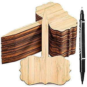 Whaline 30Pcs Bamboo Plant Labels Eco-Friendly Flower T-Type Wooden Plant Sign Tags Wood Garden Markers Decorative Garden Tags for Seed Potted Herbs Flowers Vegetables with 1 Marker Pen, 10 X 6.5 CM