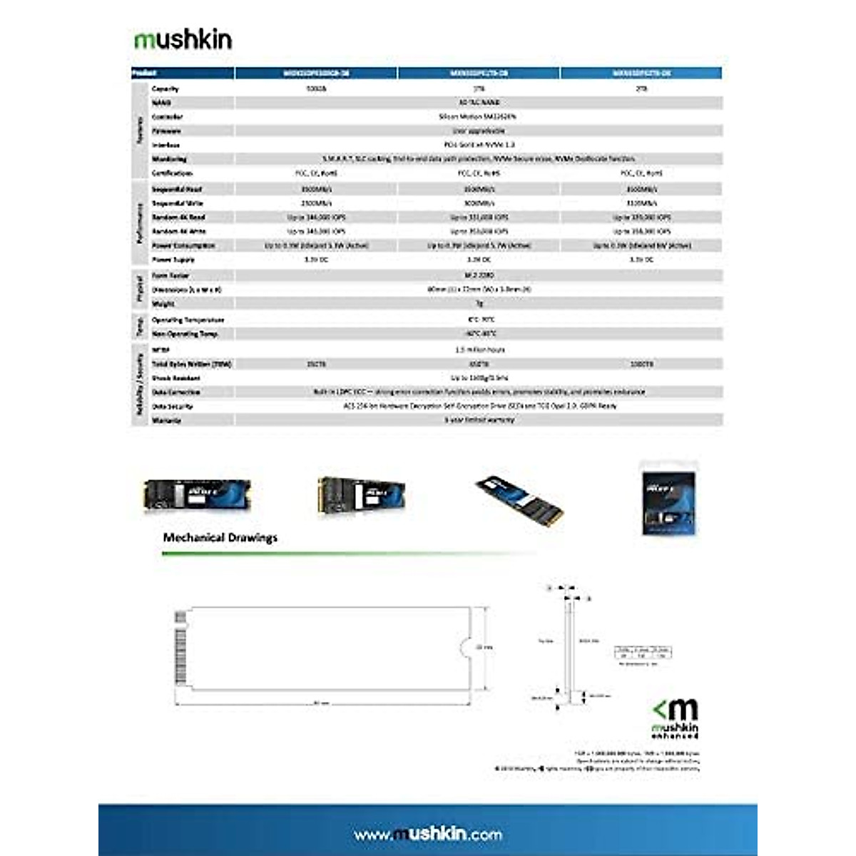 Mushkin Pilot-E – 2TB PCIe NVMe – Opal Data Encryption – M.2 (2280) Internal Solid State Drive (SSD) – Gen3 x4 – 3D TLC - (MKNSSDPE2TB-D8)