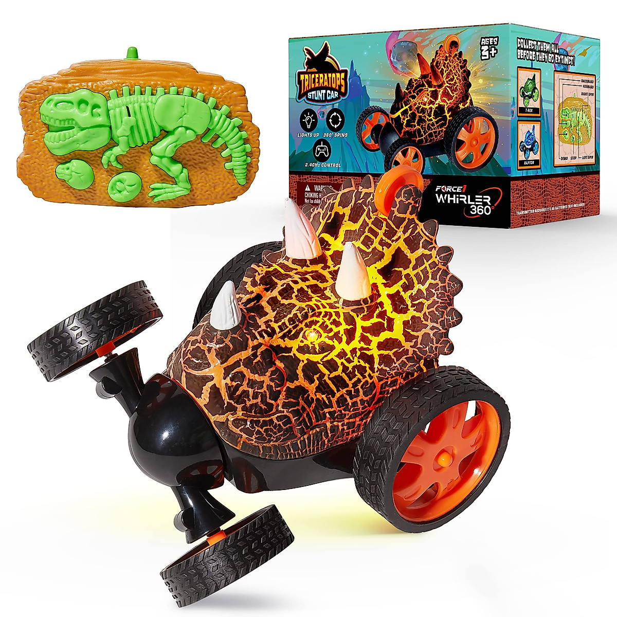 Force1 Tornado Remote Control Car AND Dino Whirler Triceratops Stunt Car Bundle- (1) Double Sided Fast Off-Road RC Stunt Car RC Crawler Rechargeable and (1) Fast Remote Control Mini Stunt Car for Kids
