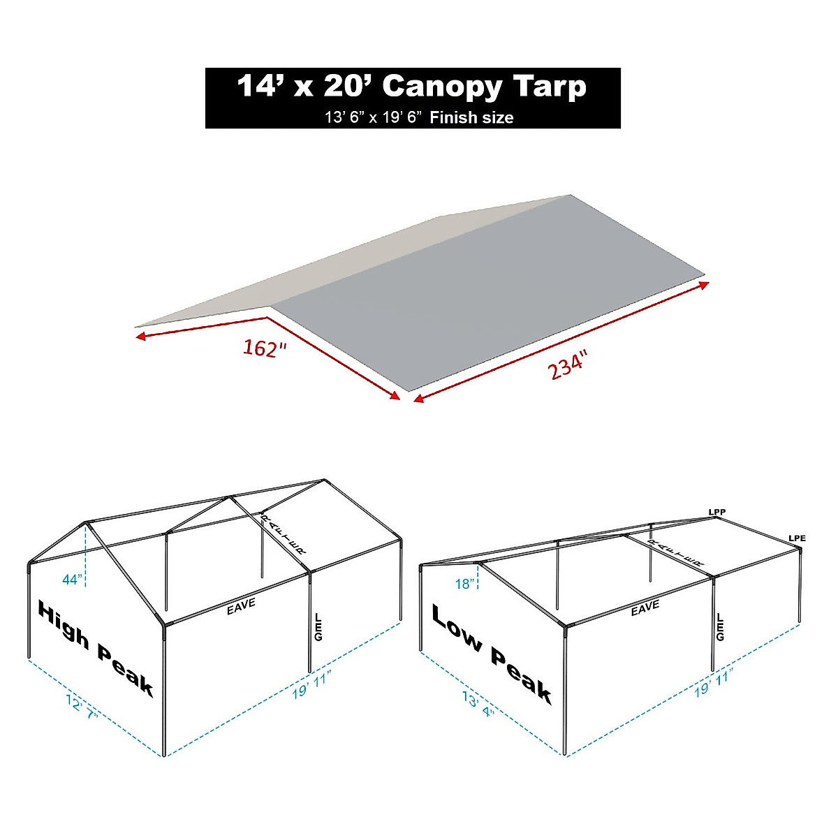 Carport Cover 14' x 20' Cut Size, 13'6" x 19'6" Finish Size Heavy Duty Car Canopy Tarp Tent Roof for Garage Shelter White and Silver, Only Cover (White 14x20)