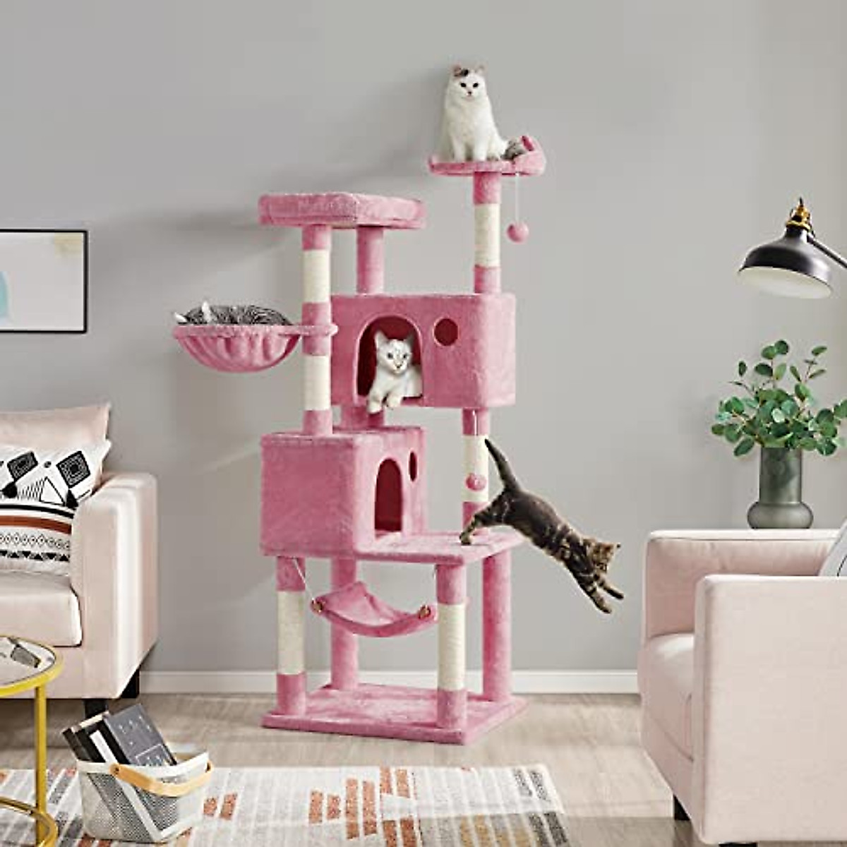 Yaheetech Multi-Level Cat Tree, Large Cat Tower with Condos Platform, Cat House Cat Tree for Medium Cats Pink, 64.5in