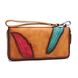 Women's Wallet Genuine Leather Zip Around Wristlet Long Purse Vintage Embossing Cowhide Capacity Handmade Clutch(Brown)