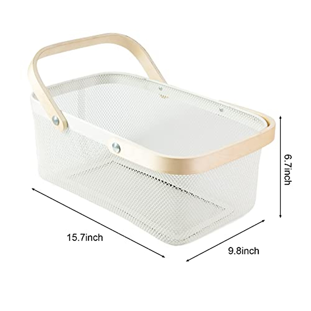 MACOIOR Portable Garden Basket-Mesh Design Natural Bamboo Handle Wire Storage Baskets,Mesh Basket with Handle Organize Items Reduce Space Occupation,Suitable for Kitchen,Garden,Picnic(White)