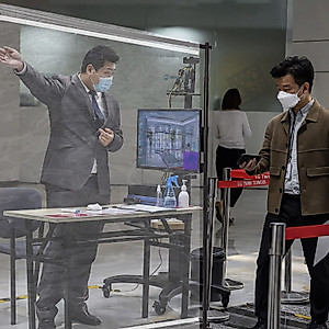 BannerBuzz Sneeze Guard, Adjustable Banner Stand, 580GSM Full Tarp PVC Clear Vinyl with Black Coated Aluminium, Vision Clarity Up to 90% (5' W x 5' H)