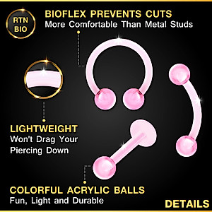 BanaVega 6PCS Bioplastic Pink Curved Piercing Acrylic 16 Gauge 5/16 8mm Ball Helix Septum Earrings Cartilage Jewelry 8322