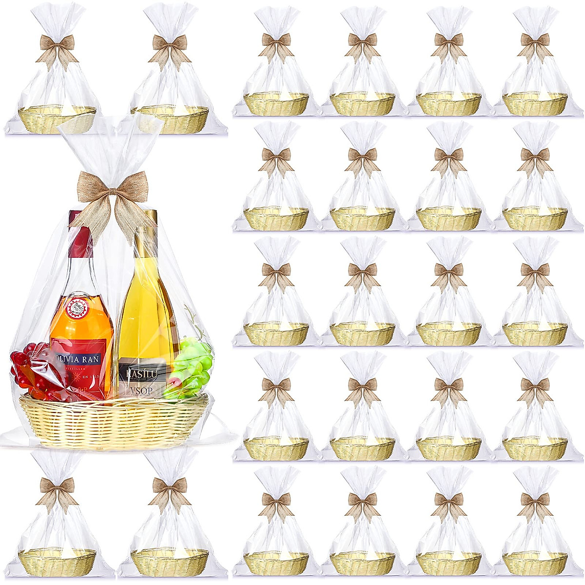 24 Pieces Baskets for Gifts Empty Bulk Oval Food Storage Basket Woven Bread Fruit Gift Baskets with Bags Paper Sheets and Long Ribbon for Wedding Birthday, 9.6 x 6.4 x 2.4 Inches