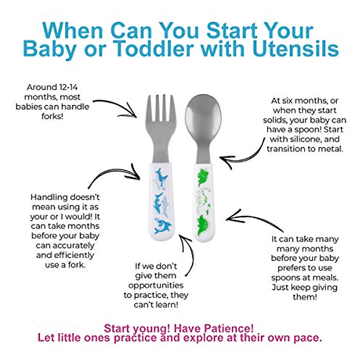 Brinware Toddler Utensils Kids Silverware Set - Fork Spoon and Knife Cutlery Set (6 Pack) Stainless Steel Flatware - Self Feed Baby Utensils - Dino/Shark