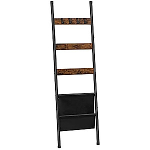HOOBRO Blanket Ladder, 5 Tier Towel Rack, 17.3" L x 63" H, Wall-Leaning Blanket Rack, Decorative Ladder Holder with 4 Hooks and Pocket, Drying and Display Rack for Bathroom, Rustic Brown BF32CJ01