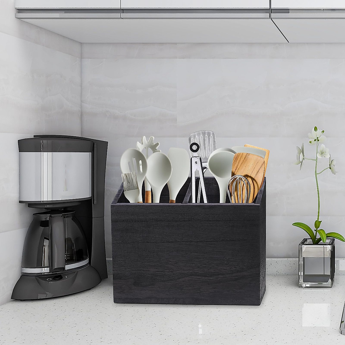 Wooden Kitchen Utensil Caddy With 2 Compartments, Rustic Kitchen Utensil Holder for Kitchen Countertop, Wood Utensil Crock Organizer Box for Farmhouse Kitchen Decor (black)
