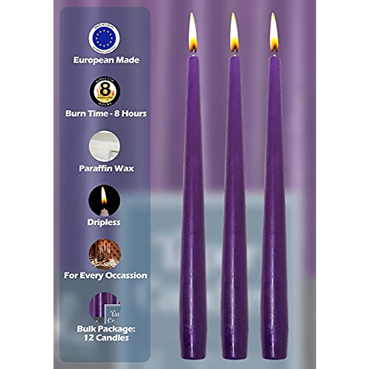 Hyoola Tall Taper Candles - 10 Inch Purple Unscented Dripless Taper Candles - 8 Hour Burn Time - 12 Pack