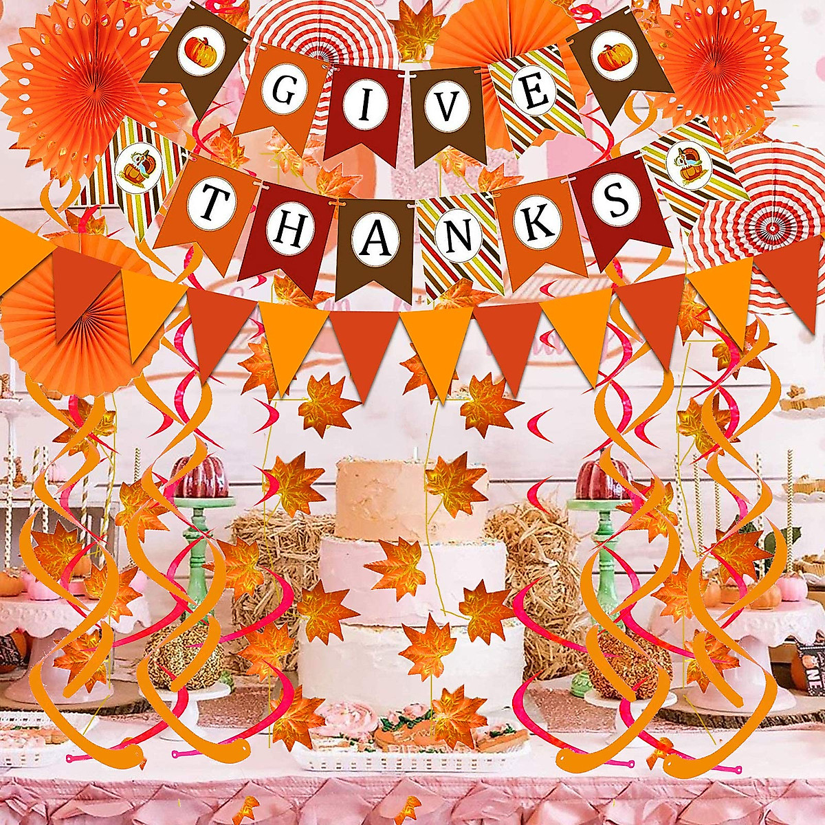 Give Thanks Banner Orange Paper Triangle Flag Bunting Maple Leaf Hanging Garland and Paper Fan Flower Swirl Streamers for Thanksgiving Theme Party Decoration
