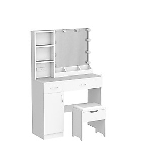 Fameill Makeup Vanity Desk with Lighted Mirror & Power Strip,White Vanity Table Set with Lights and Lots Storage,2 Drawer Makeup Table,3 Lighting Colors,35.4in(L)
