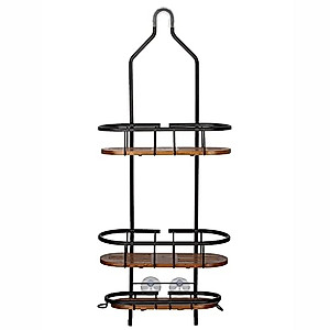 Utopia Alley Tia Rustproof Teak Overhead Shower Caddy with 3 Shelves - Decorative Shower Rack for Shampoo & Toiletries Storage, Hanging Shower Head Organizer - Black Finish