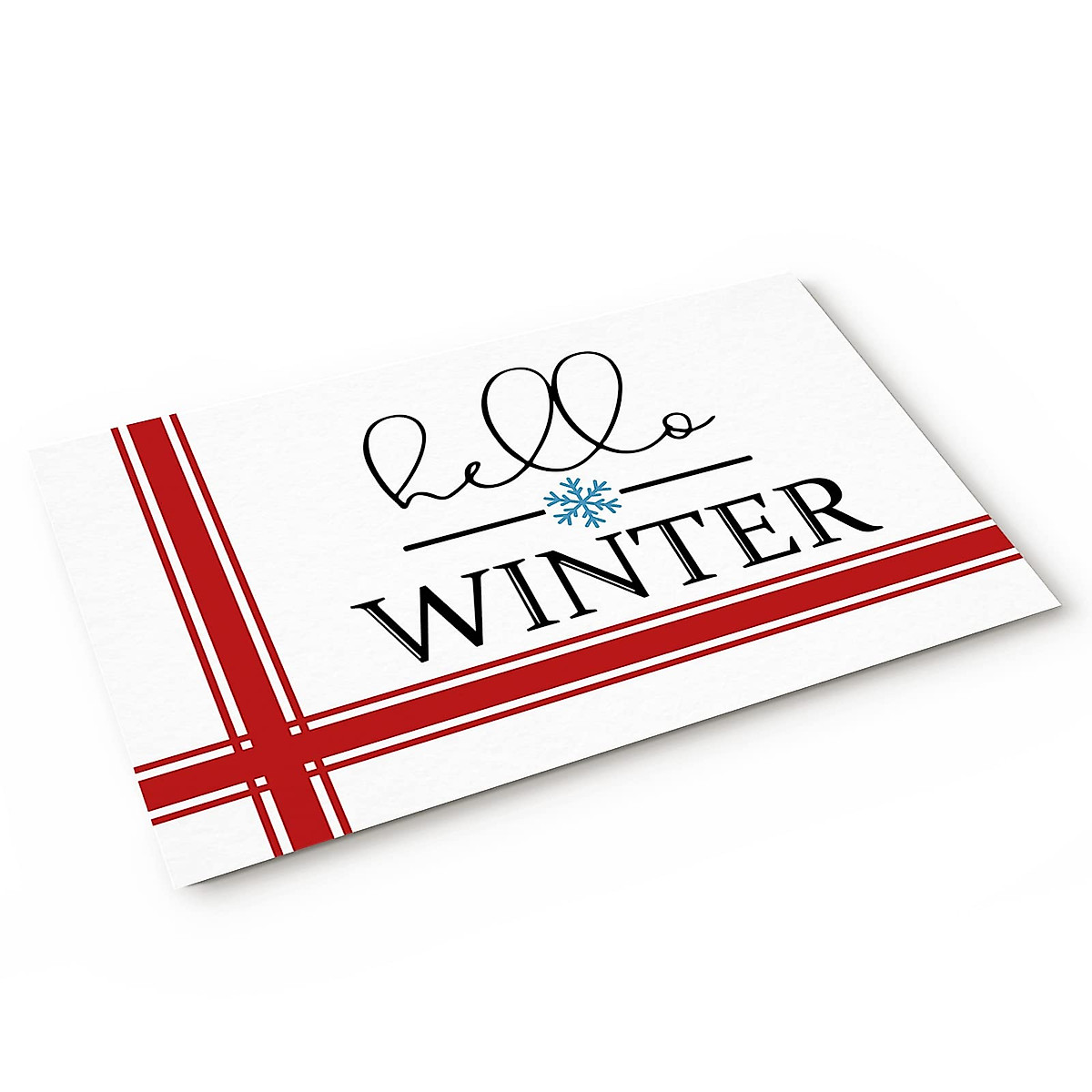 Hello Winter Door Mats, 23.6" x 15.7" Outdoor Indoor Entrance Doormat Welcome Mats, Absorbent Water Non Slip Entryway Rug, Front Doormat Inside Outside, Christmas Snowflake with Holiday Red Stripes