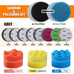 POLIWELL Car Headlight Restoration Kit, 3 Inch Car Polishing Sanding Discs Kit, 3 in Sandpaper Grit 320-5000 Headlights Sanding Sheets with 1/4” Shank Backing, Buffing Sponge Pads for Drill, 52 PCS