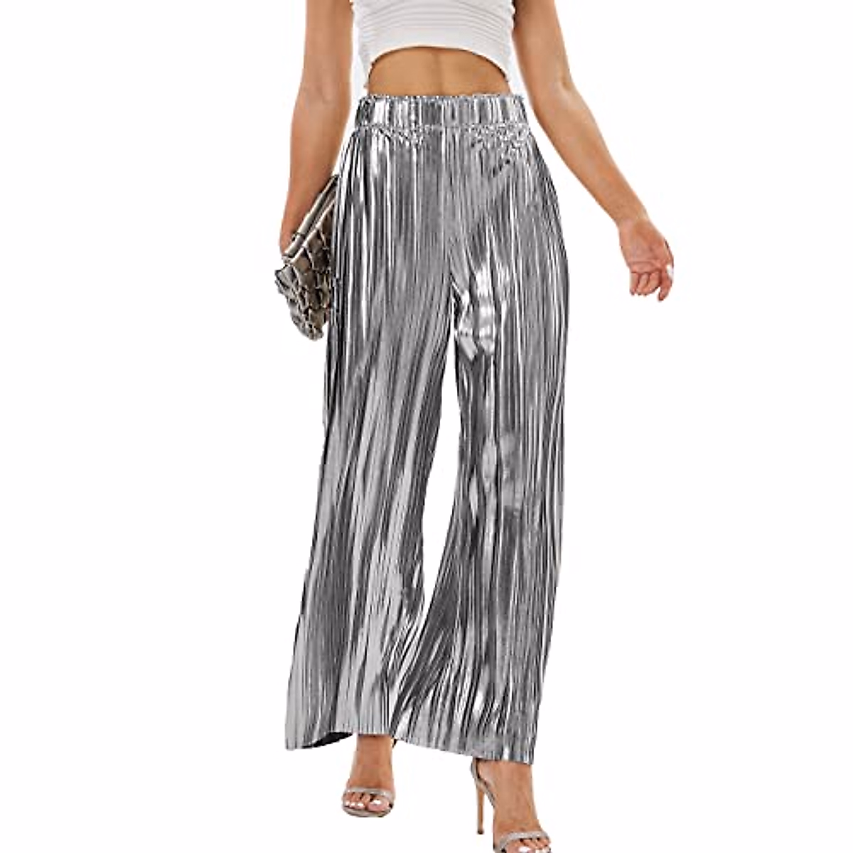 heipeiwa Women's Shiny Pleated Wide Leg Pants Party Nightout High Elastic Waist Trouser Outfit Clubwear Silver