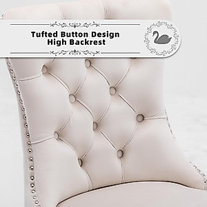 SoarTalent Velvet Upholstered Dining Chairs Set of 6, Modern Style Kitchen Side Chairs with Nailhead Trim and Wood Legs,Metal Pulling Ring for Dining Room Living Room(Beige,Set of 6)