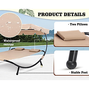 Grepatio Double Chaise Lounge Bed with Adjustable Canopy Outdoor Lounger Bed with Wheels Large Patio Hammock Daybed with 2 Pillow for Garden, or Poolside Sun Room