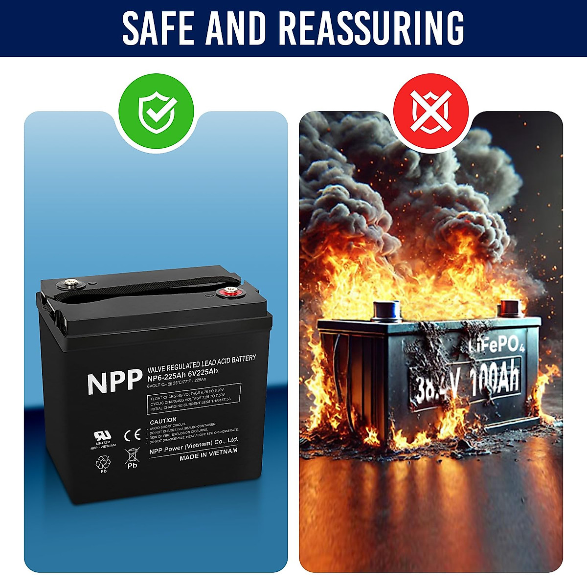 NP6-225Ah (4 Pcs) AGM Rechargeable Battery with T16A Terminal, Replace V6-225 Lead-Acid Battery, for Golf Carts, Pallet Jack, Solar Setup, Trolling Motor, RV, Marine, Wheelchair, Camping