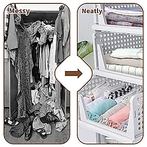 Mupera Stackable Plastic Storage Basket - Upgraded Large White Folding Storage Bins, Plastic Push-pull Clothes Organizer Shelf, Collapsible Storage Organizer for Wardrobe Bathroom Kitchen (4 Pack)