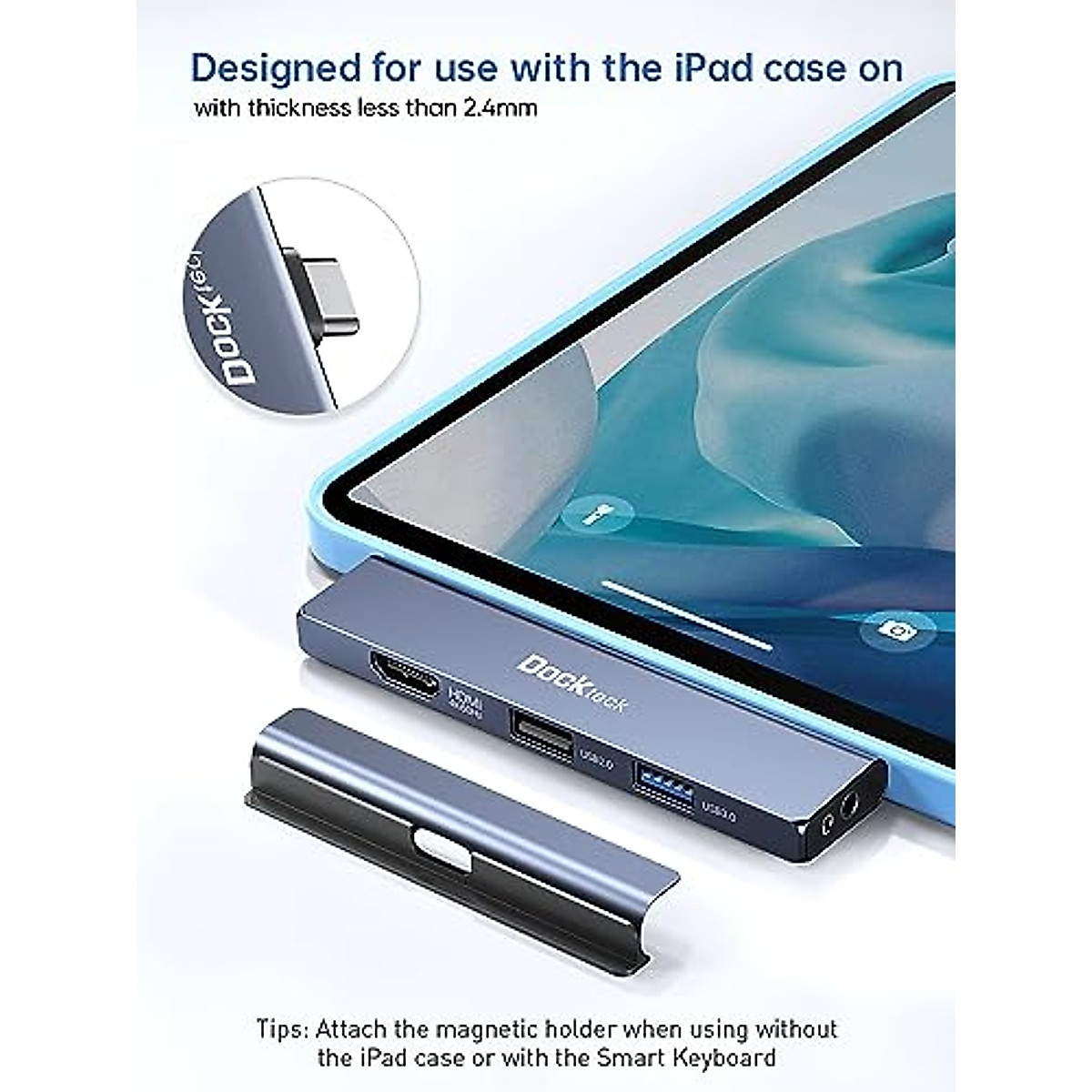 iPad Pro USB C Hub Multiport Adapter - Dockteck USBC Hub 5 in 1 with 100W PD, 4K 60Hz HDMI, Audio, USB 3.0, USB C Dock with Magnetic Grip for iPad Pro 12.9 2021 2020 2018, iPad Air, iPad Mini 6