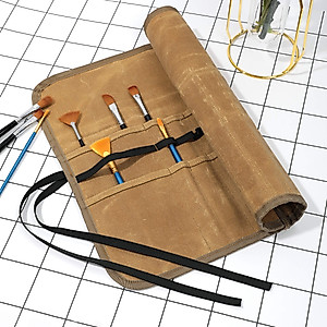 Denifiter Waxed Canvas Roll-up Pencil Bag, Heavy Duty Artist Paint Brushes Organize Pouch (Khaki)