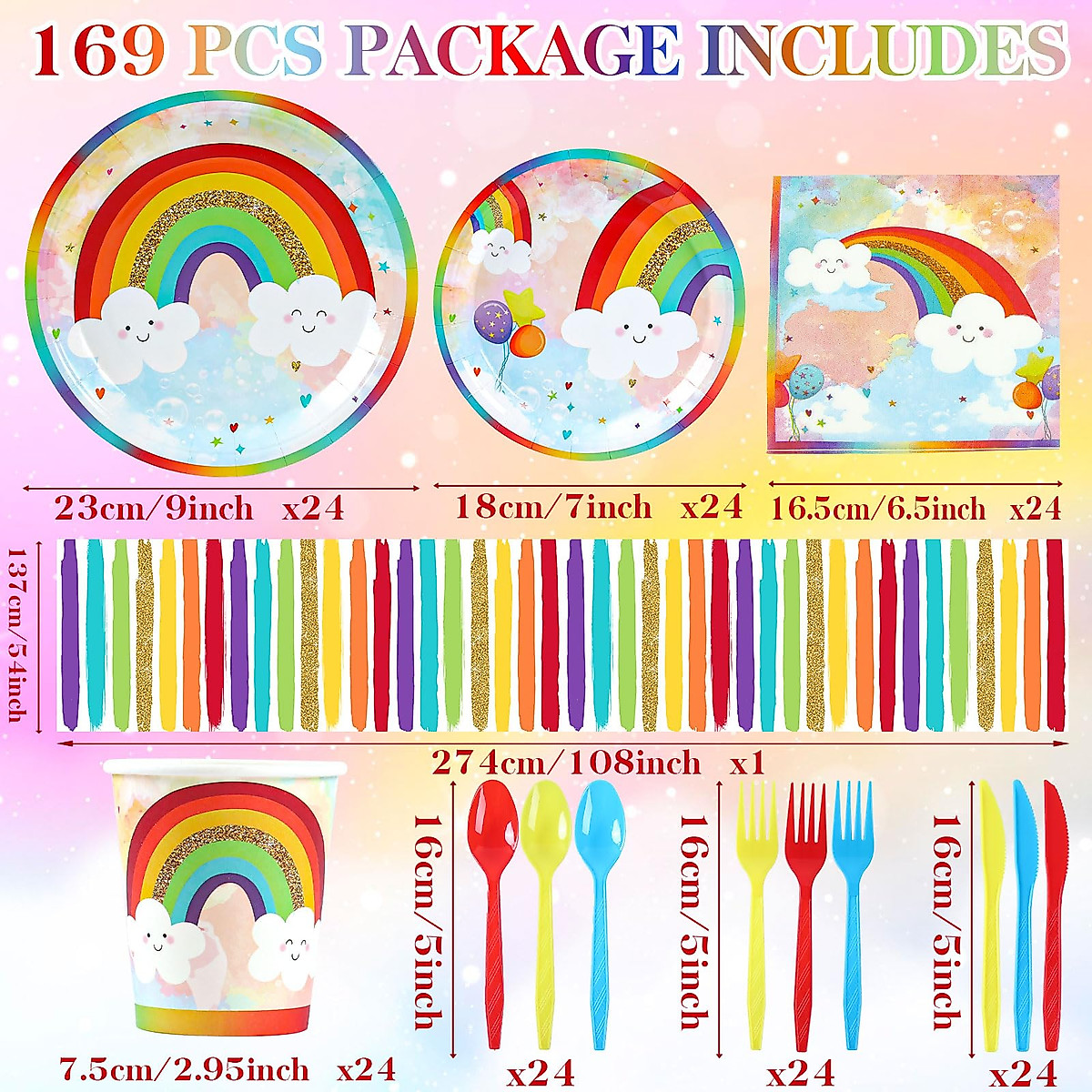 Rainbow Party Supplies, Happy Birthday Decorations for Girls & Boys -169pcs Rainbow Party Tableware Set Include 9" and 7" Party Plates and Napkins Cups Utensils with Tablecloth for 24 Guests
