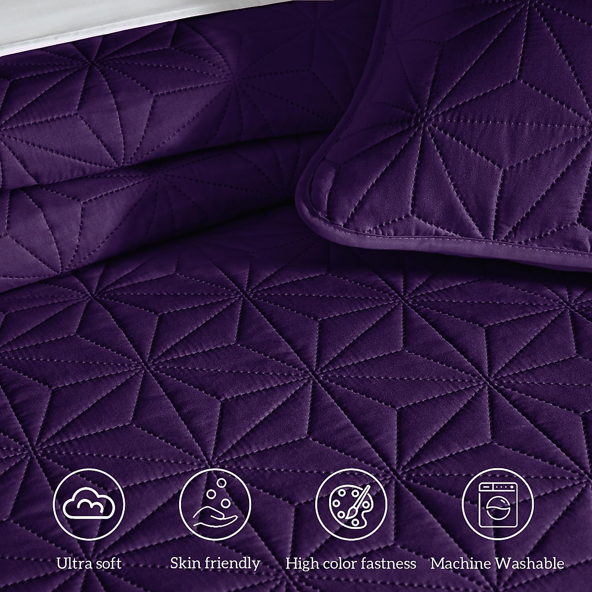 Whale Flotilla Queen Quilt Bedding Set, Soft Purple Bedspreads Quilts Queen Size for All Seasons, 3 Pieces Lightweight Geometric Star Pattern Coverlet