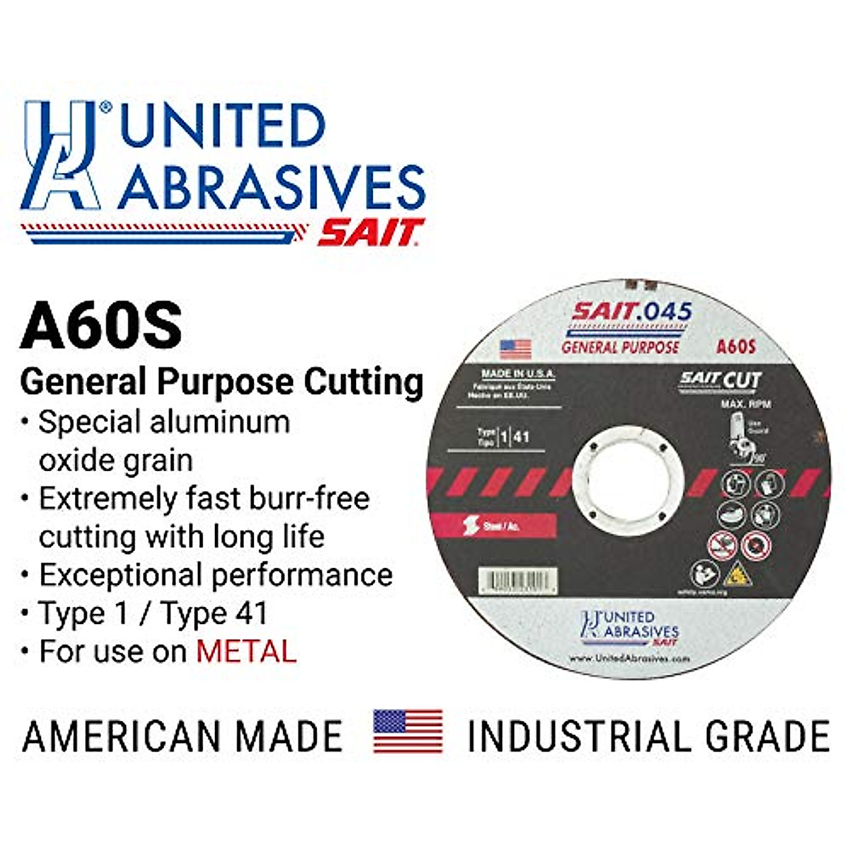 United Abrasives-SAIT 23106 A60S General Purpose Cut-Off Wheels (Type 1/Type 41 Flat) 6" x .045"x 7/8", 50-Pack