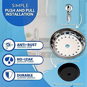 (2-Pack) Kitchen Sink Strainer with Stopper - Replacement Stainless Steel Strainer with Rubber Stopper Bottom - Fits Standard 3 1/2” Drains with Rectangular Center Hole - Post-Style Strainer Baskets