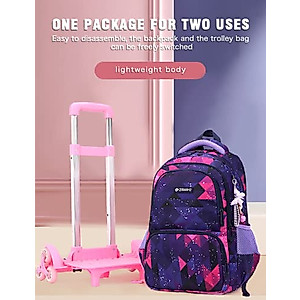 Voici et Voila 4Pcs Rolling Backpack Kids Backpack with Wheels Girls 6 Wheels Backpack on Wheels Gradient Geometric Trolley Rolling School Backpack Multi-Function Breathable Elementary School