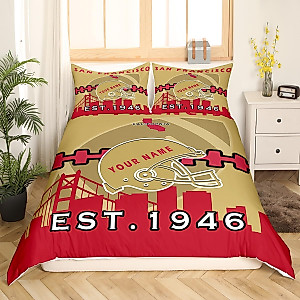 Erosebridal Custom Name Football Duvet Cover Queen,Football Bedding Set for Boys,American Football Comforter Cover,Football City Bed Sets with 2 Pillow Shams,Red Yellow(San Francisco)