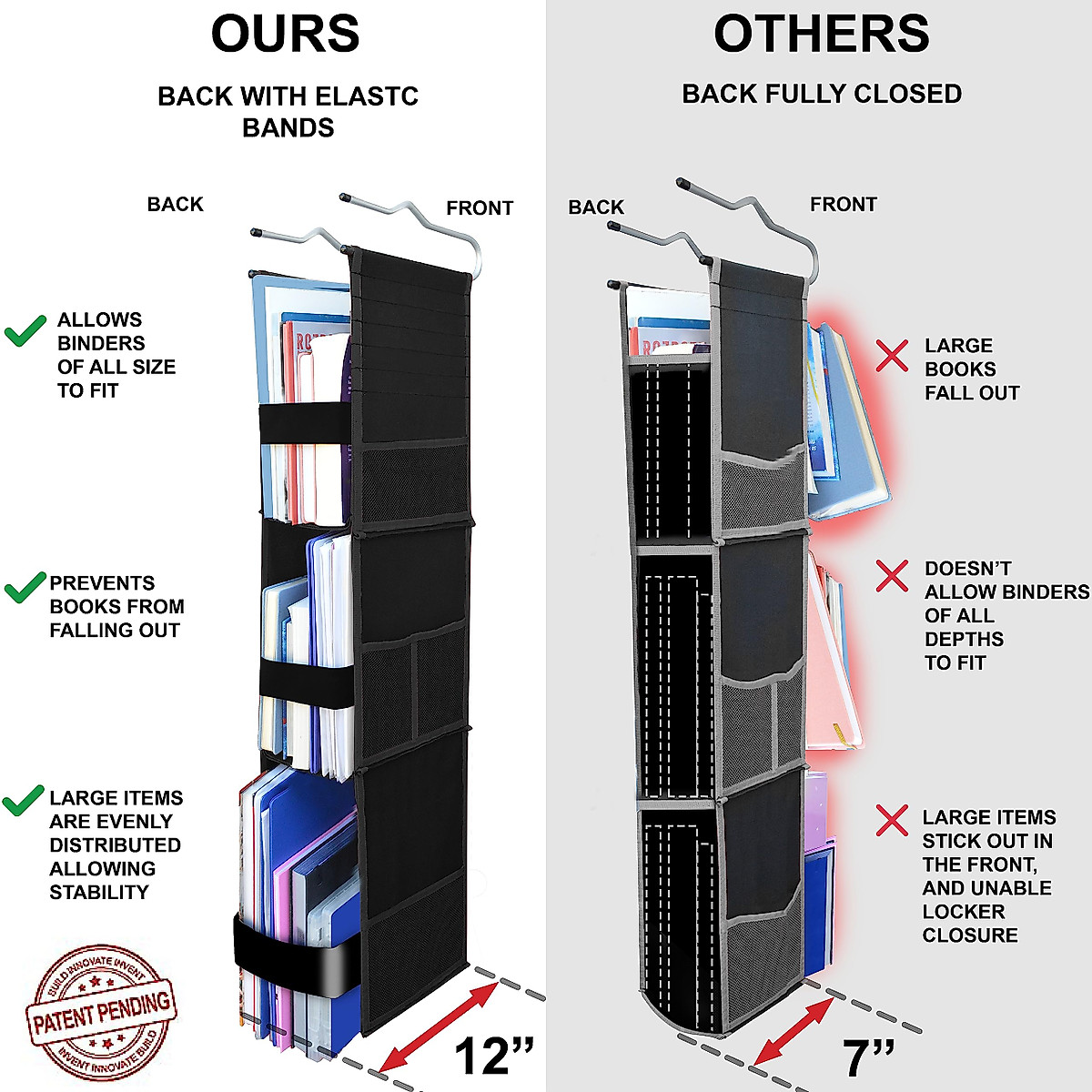 ABRA® 3 Shelf Hanging Locker Organizer for School, Work, Gym, Closet | Deep Shelves 6.5”x 9”| Eco-Friendly Fabric Healthy for Children | Adjustable School Locker Shelf from 3 to 2 Shelves (Pure Black)