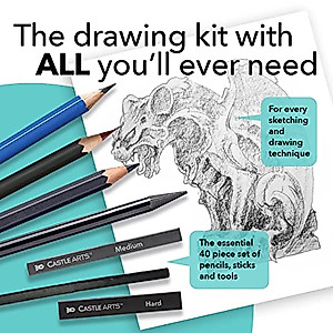 Castle Art Supplies Graphite Drawing Pencils and Sketch Set (40-Piece Kit), Complete Artist Kit Includes Charcoals, Pastels and Zippered Carry Case, Rare Pop-Up Stand