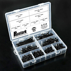 Rustark 390-Pcs #7 Coarse Thread Drywall Screw with Phillips Drive Black Oxide Finsh Bugle Head Wood Screws Assortment Kit Ideal for Drywall Sheetrock