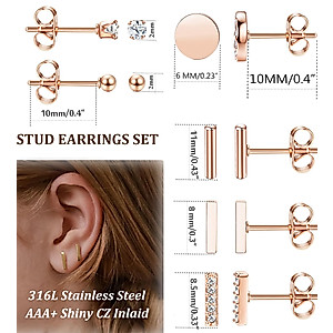 FIBO STEEL 9 Pairs Stainless Steel Star Moon Stud Earrings for Women Cute Bar CZ Stud Earring Set (B: Rose Gold)