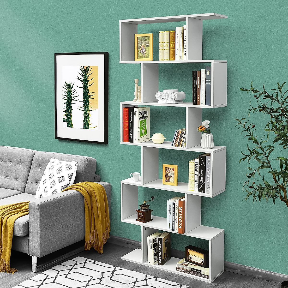 IFANNY 6 Tier S Shaped Bookshelf, Wooden Open Bookcase w/Anti-Tipping Device, Display Shelf Storage Organizer for Home, Office, Living Room, 31.5 x 9 x 75 inch