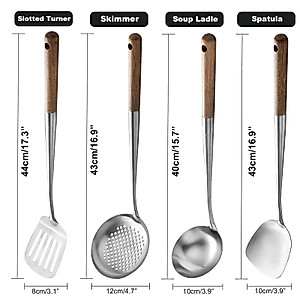 NIITAWH Wok Utensils for Carbon Steel, Stainless Steel Wok Spatula Metal, 4-Pieces 17 Inch Extra Long, Wok Tools Professional Set, Wooden Handle Skimmer, Soup Ladle, Slotted Turner