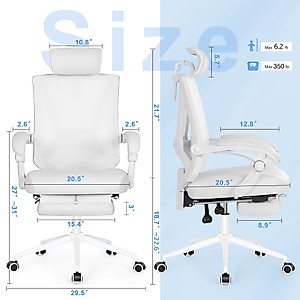 Misolant Ergonomic Office Chair with Footrest, Ergonomic Desk Chair with Adjustable 2D Lumbar Support, High Back Computer Chair with Adjustable Headrest, White Comfortable Leather Office Chairs