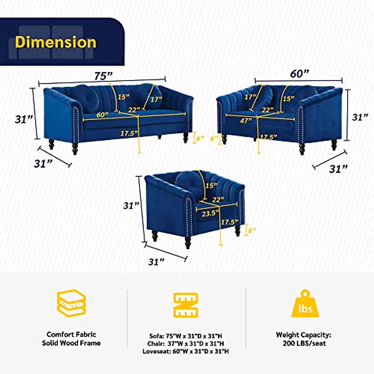 Star Home Living Corp. Jessica 3 Pieces Living Room Set, Jazz Blue