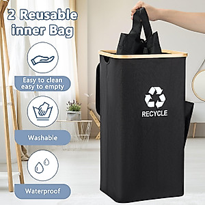 Recycling Bin Organizer for Home - 26 Gallon Recycle Bin for Kitchen with 2 Reusable Inner Bags - Indoor Recycling Bins with Lid for Bottles Cans Glass Plastic Cartons, Waterproof & Reusable (Black)