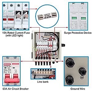 TWTADE Metal Solar Combiner Box,6 String PV Combiner Box with LED 15A Rated Current Fuse and 63A Air Circuit Breaker & Surge Protective Device,for On/Off Grid Solar Panel System